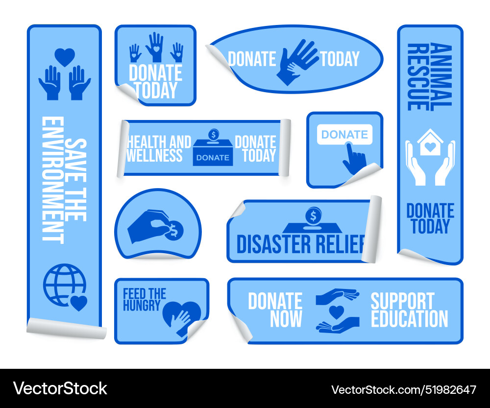 Donate blue peel off label safe support sticker Vector Image