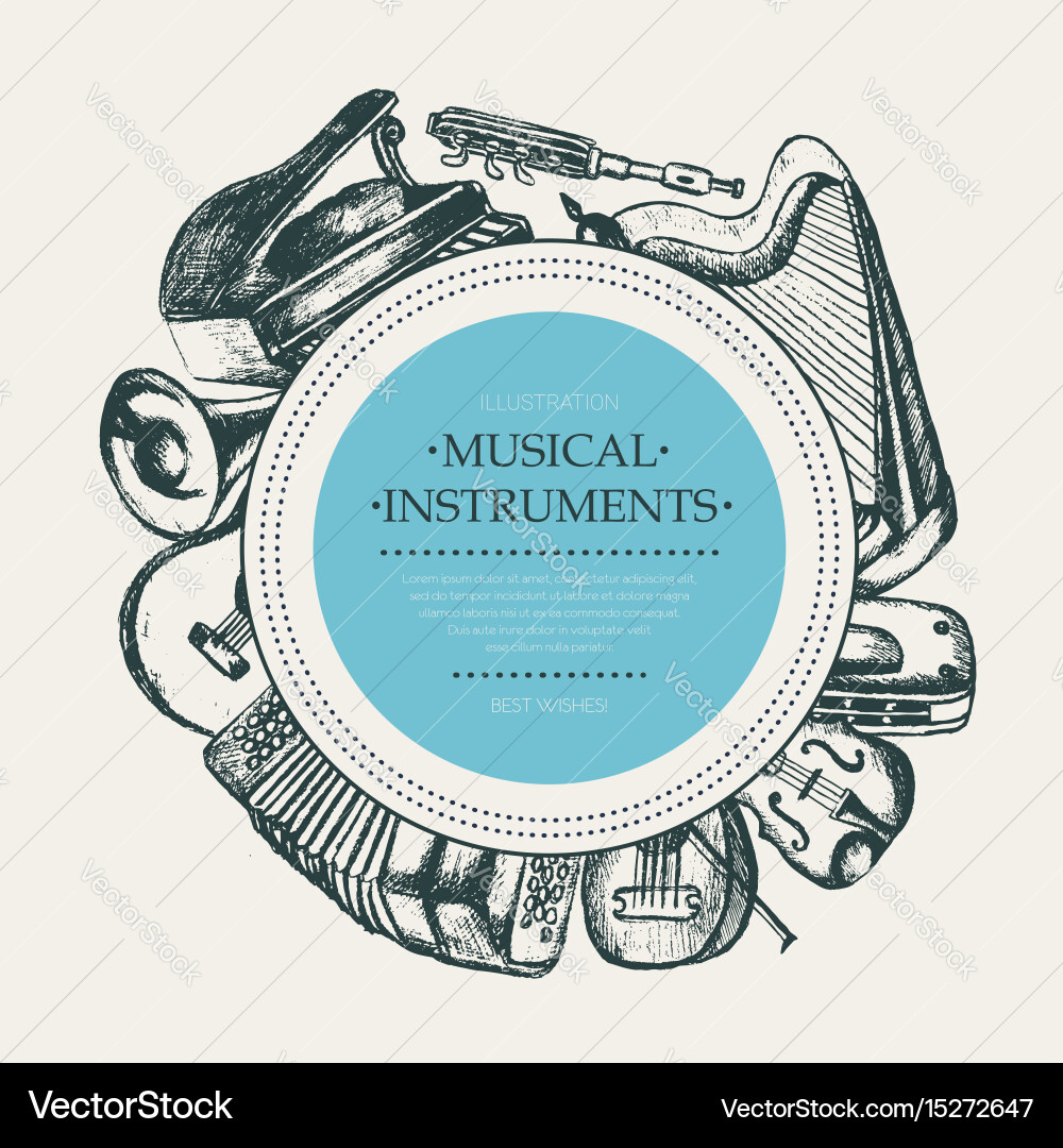 Musical instruments - hand drawn round banner Vector Image