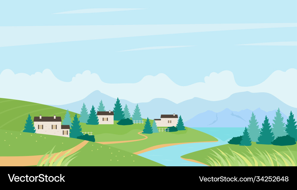 Sommer Dorf Fluss Landschaft Cartoon grün Vektorbild