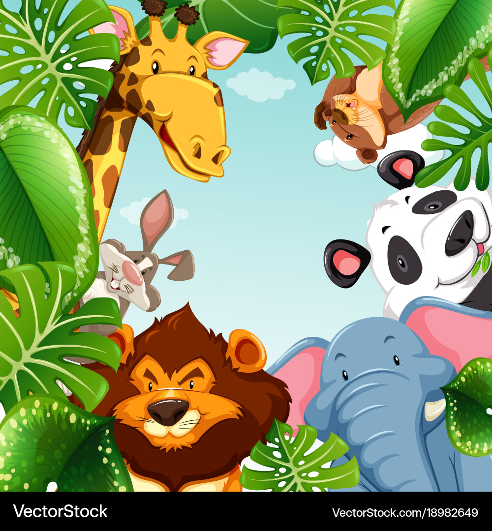Wild animals and leaves around the border Vector Image