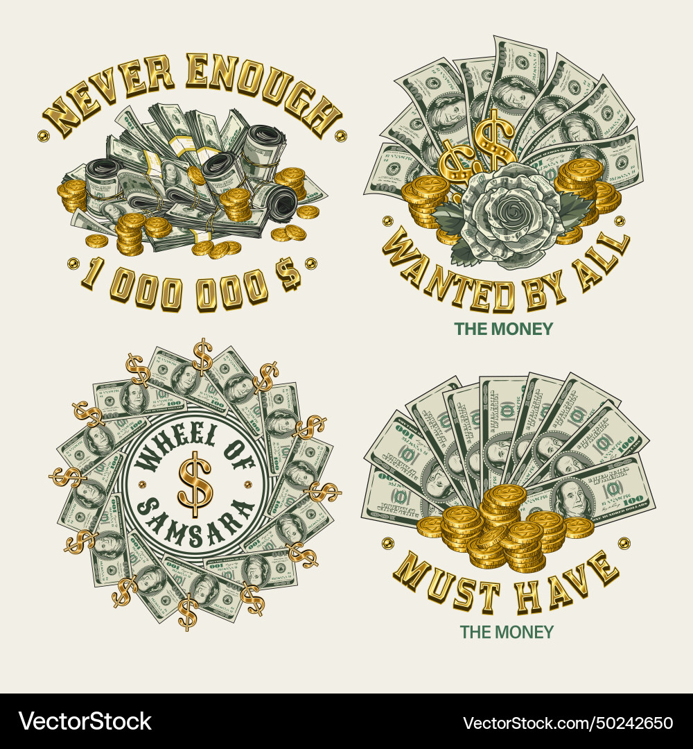 Money labels with 100 us dollar notes coins text Vector Image
