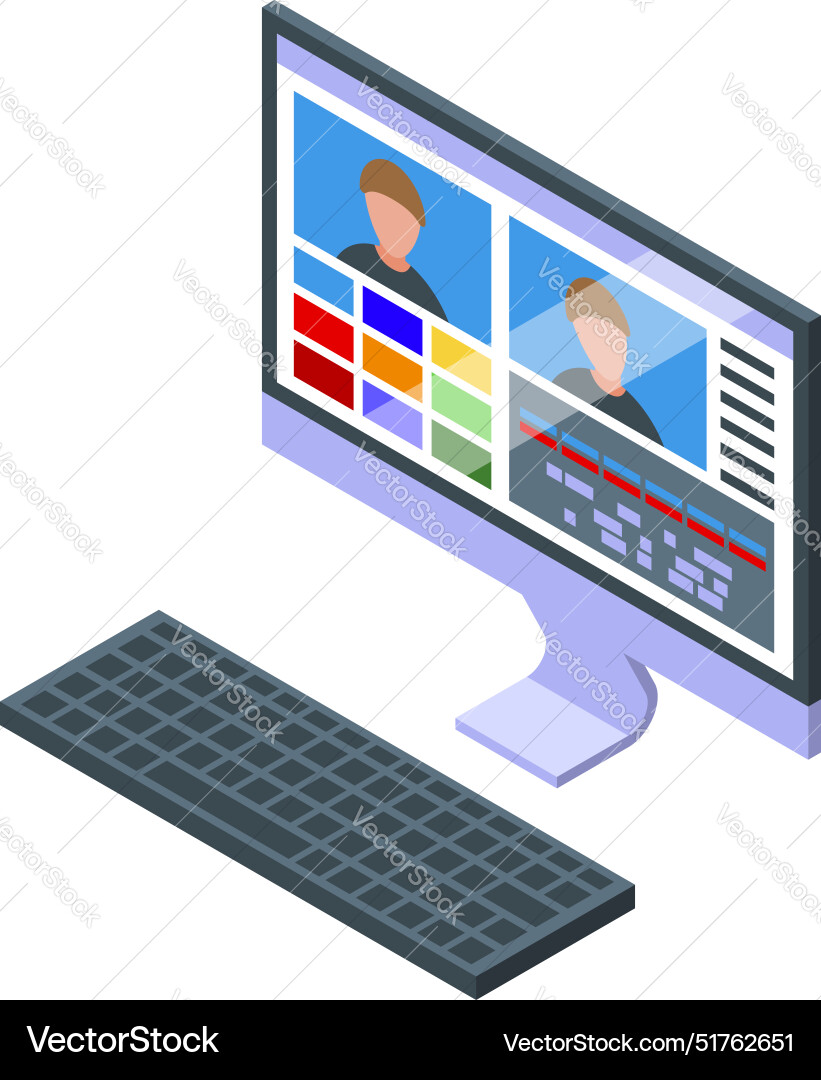 Video editor editing videos on desktop computer Vector Image