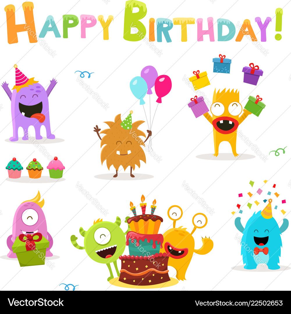 Birthday monsters set Royalty Free Vector Image