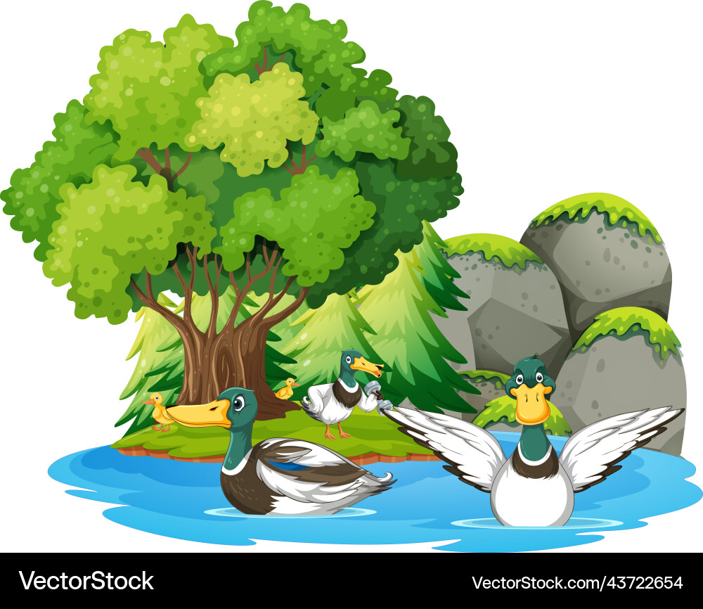 Happy duck group in nature scene Royalty Free Vector Image