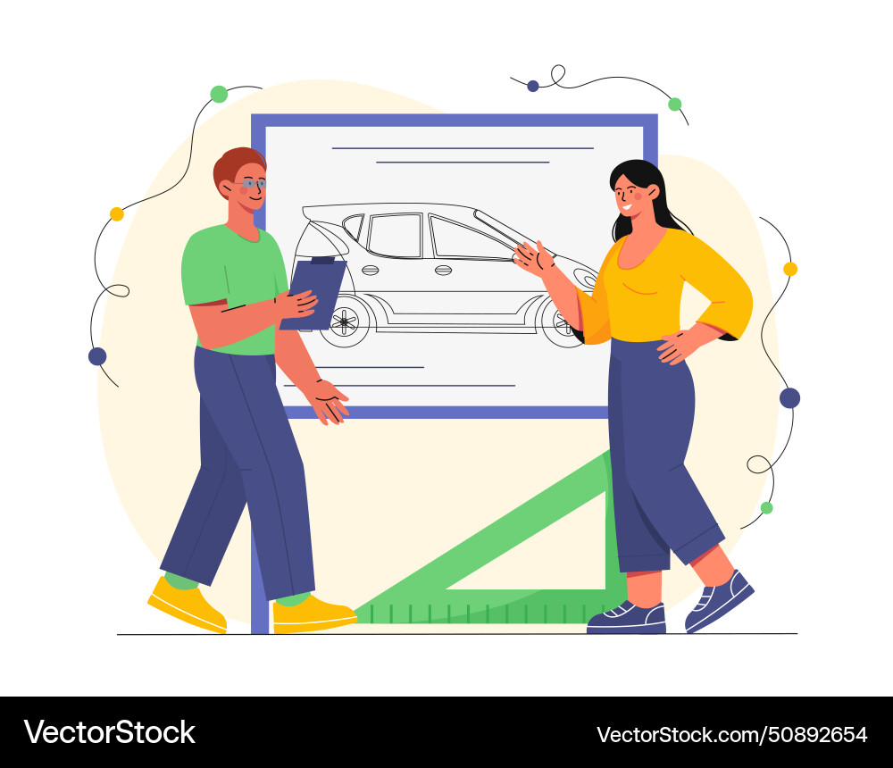 Team of car engineers with blueprint Royalty Free Vector