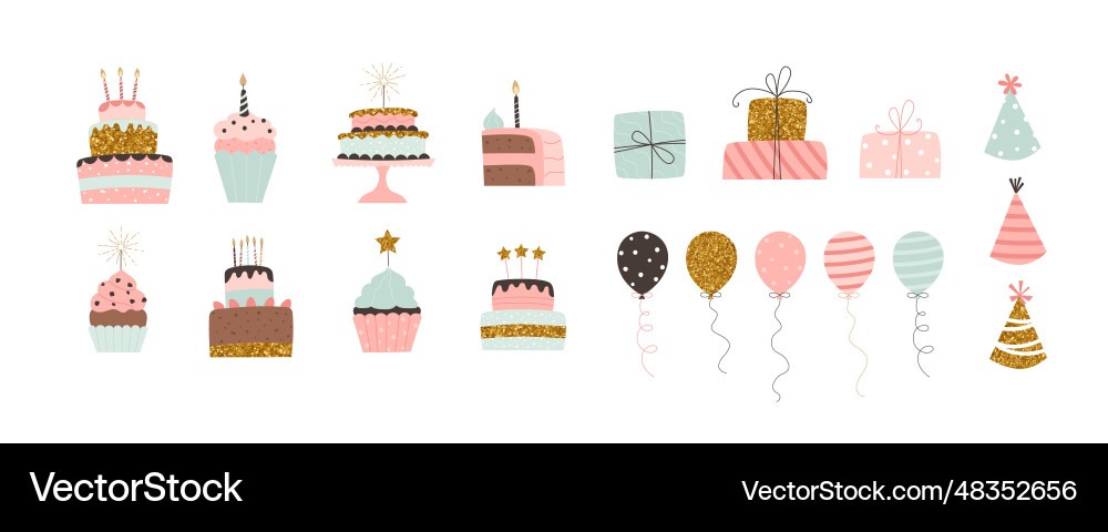 Happy birthday party elements collection cakes Vector Image