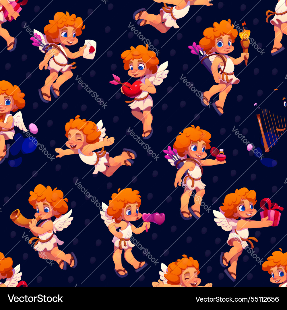 Valentine cherub angel characters seamless pattern