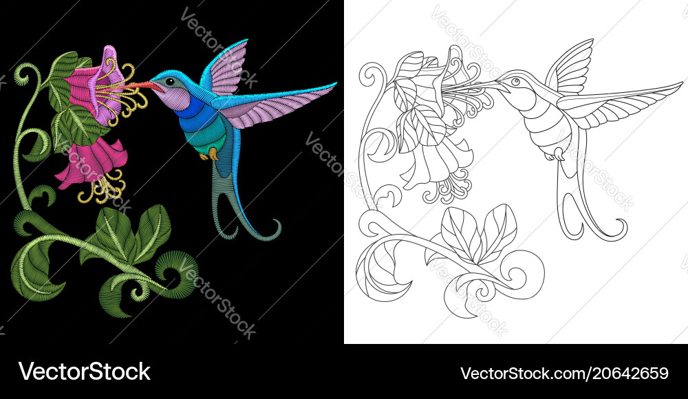 Embroidery hummingbird design Royalty Free Vector Image