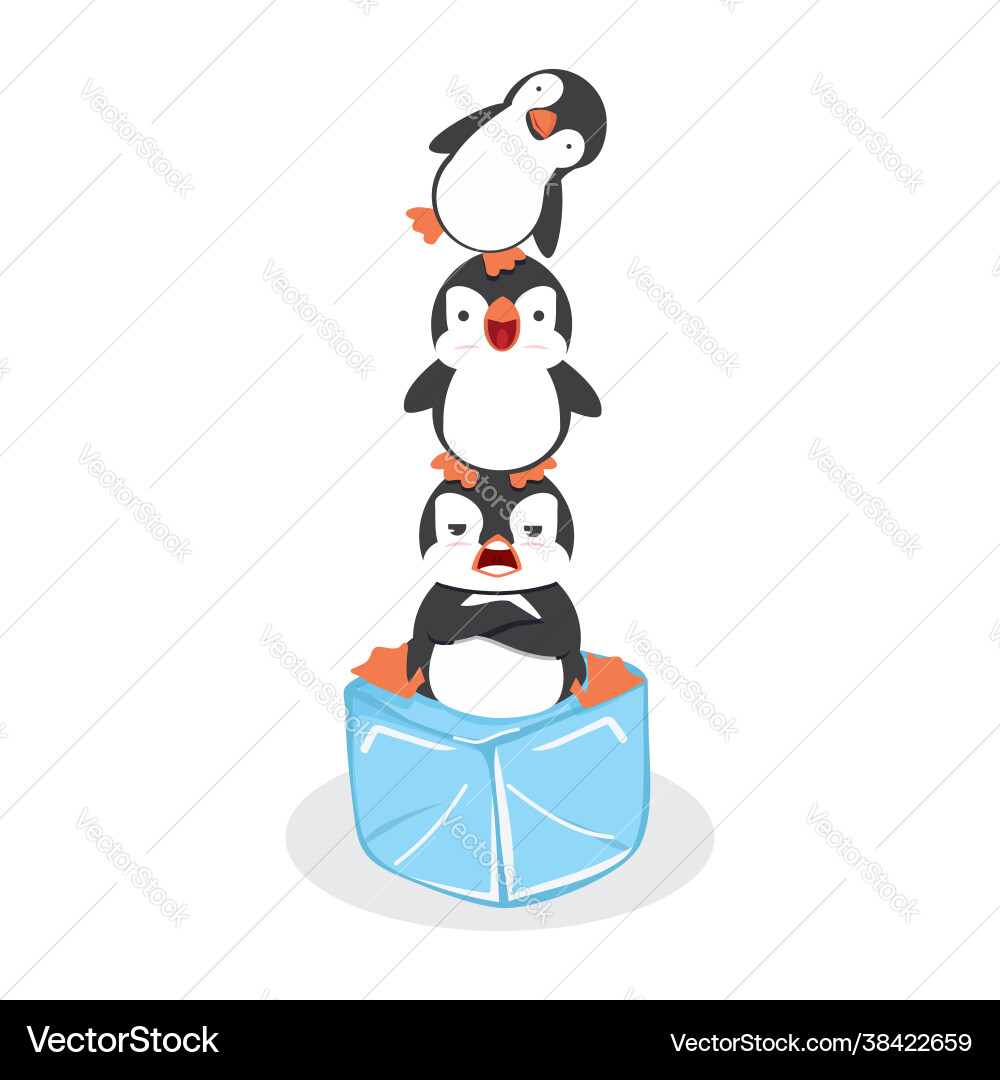 Stacked penguins happy on ice cube Royalty Free Vector Image