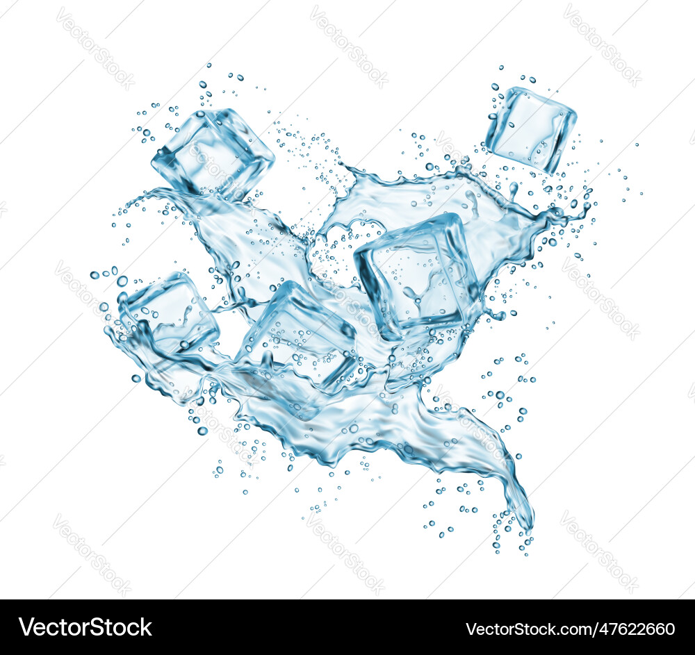 Frozen ice cubes in water splashes background Vector Image