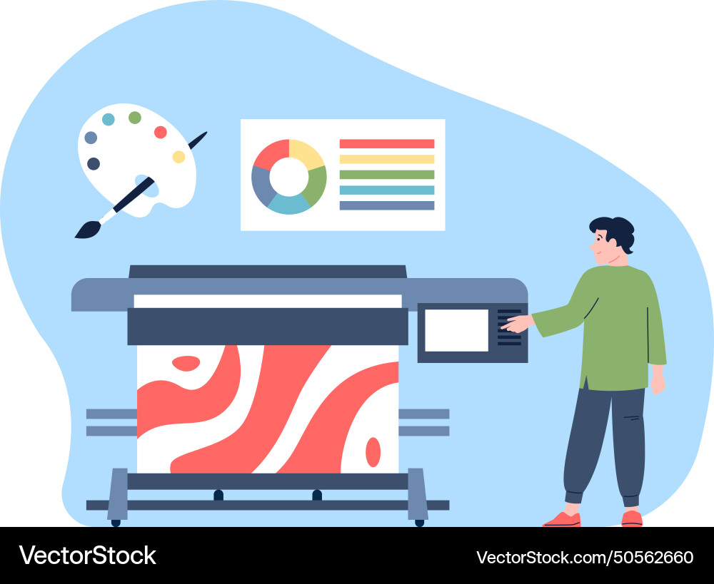 Printshop worker man work with polygraphy printer Vector Image