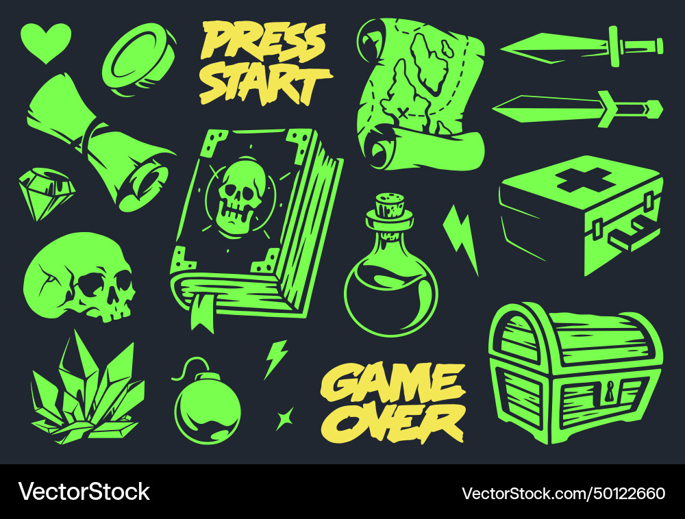 Video gaming green set sticker Royalty Free Vector Image