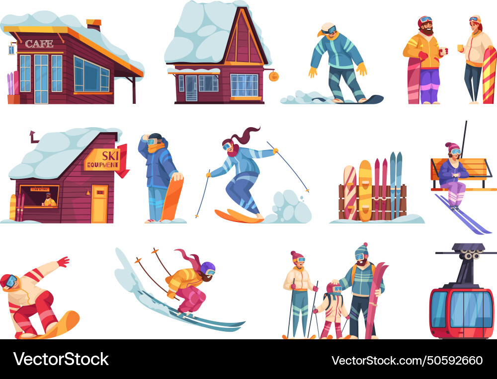 Winter ski resort cartoon set Royalty Free Vector Image