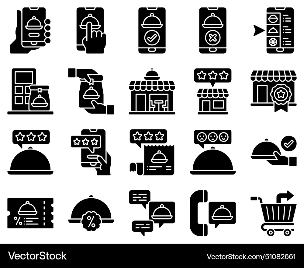 Food delivery essentials solid icons set Vector Image