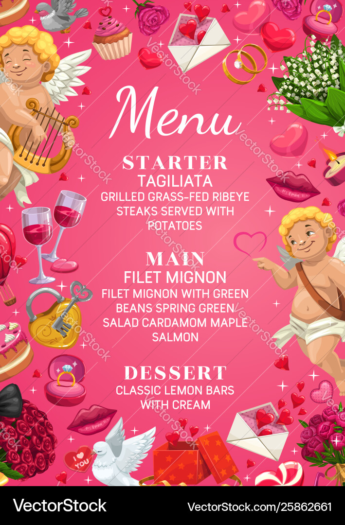 Menu on wedding day main courses starter dessert Vector Image