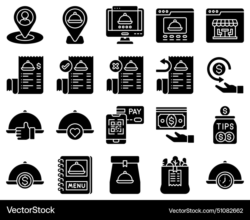 Food delivery essentials solid icons set 2 Vector Image