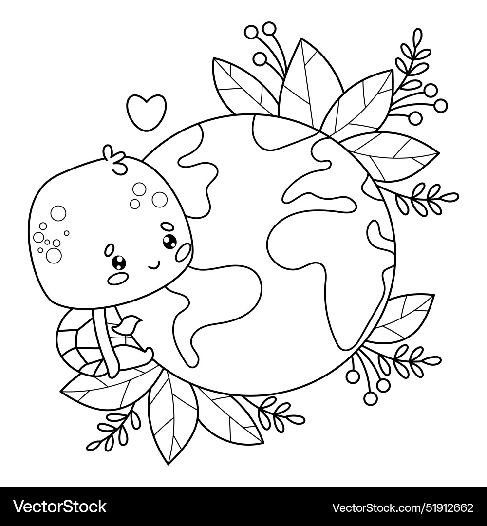 Outline cute turtle character with planet earth Vector Image