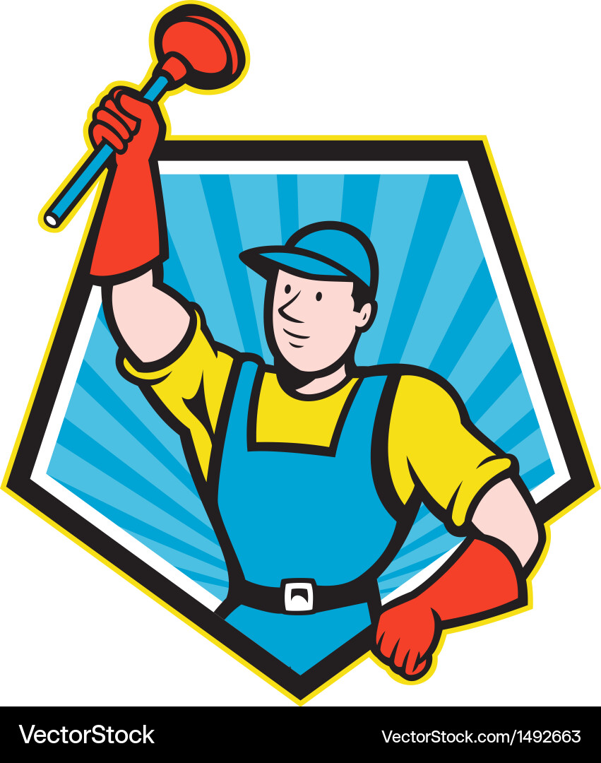 Super plumber wielding plunger pentagon cartoon Vector Image