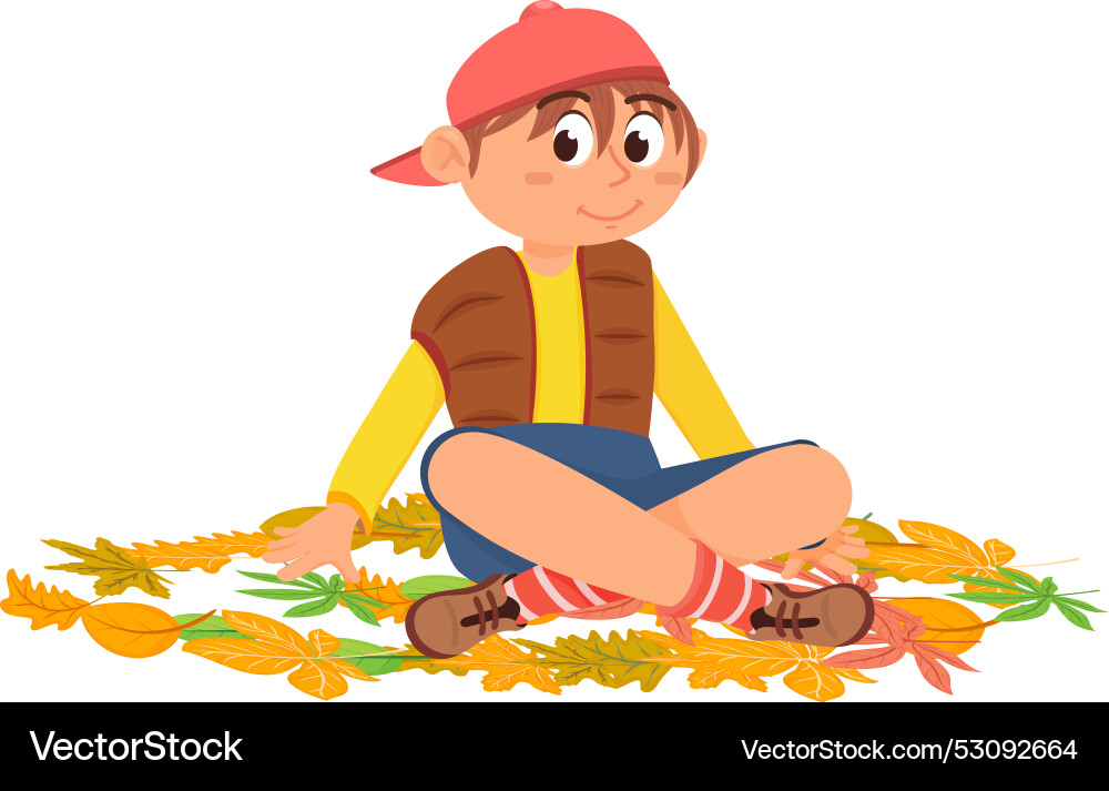 Boy sit on fallen leaves cartoon kid character Vector Image