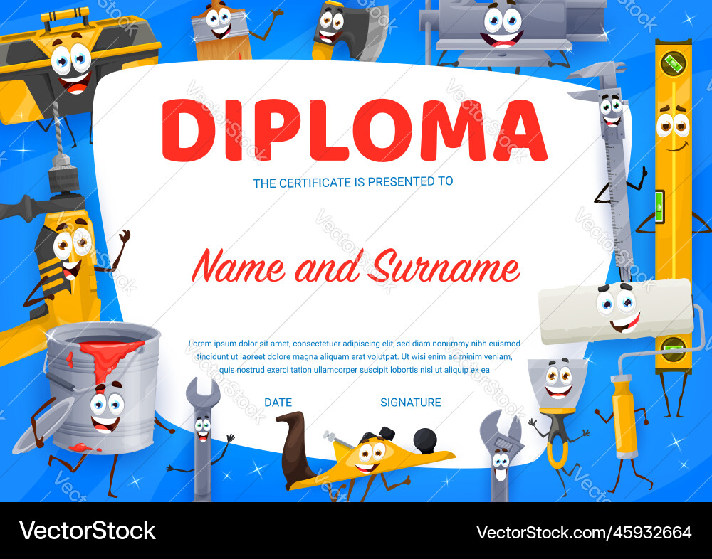 Kids diploma with diy and repair tools characters Vector Image