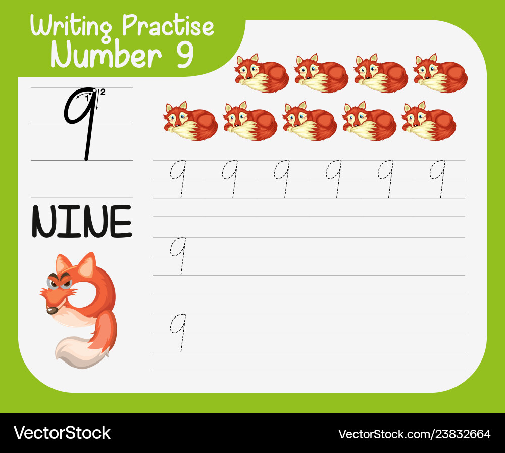 Number nine tracing worksheets Royalty Free Vector Image