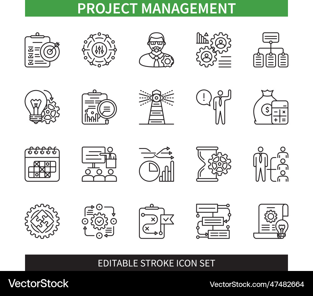 Project management editable stroke icon set Vector Image Project management editable stroke icon set Vector Image
