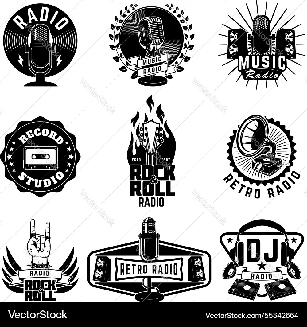 Radio labels retro record studio rock Royalty Free Vector