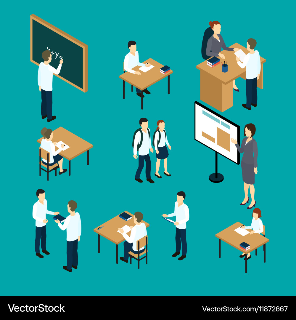 Teachers and students isometric set Royalty Free Vector