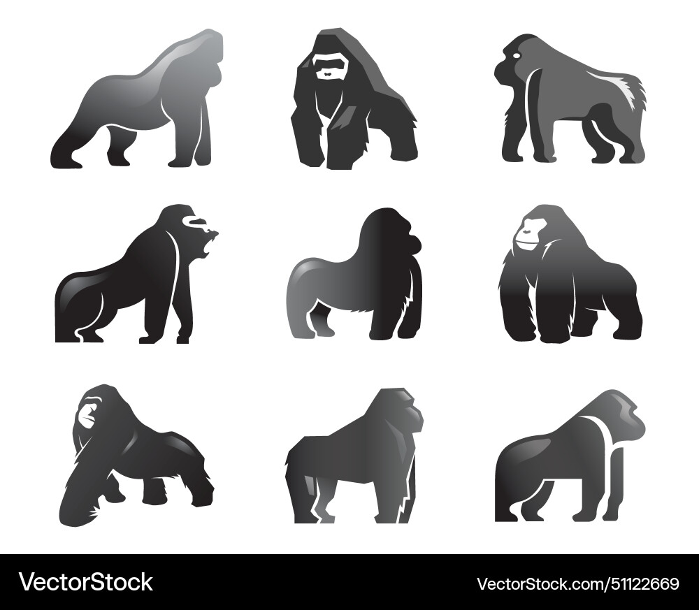 Creative black gorilla silverback silhouette set Vector Image