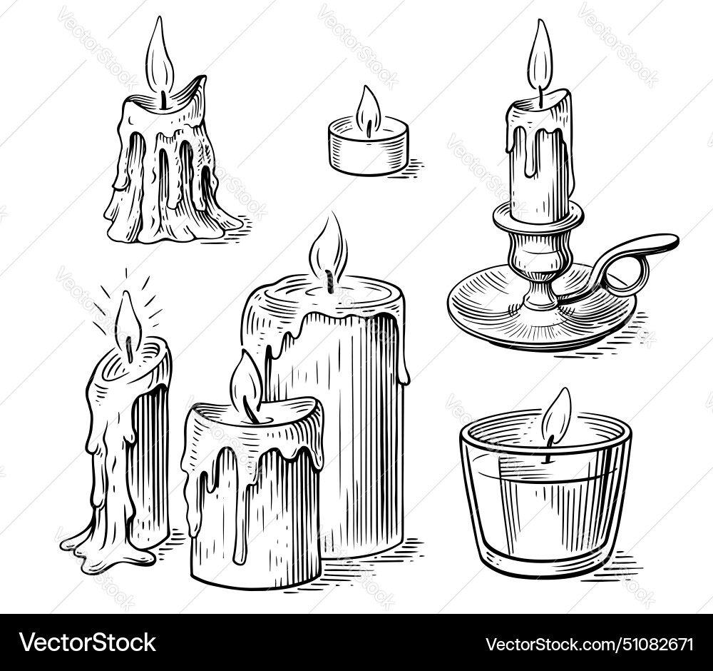 Candle hand drawn set engraving style Royalty Free Vector