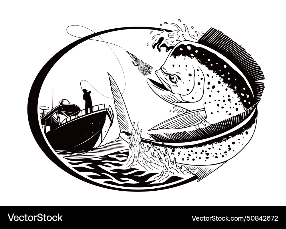 Fisherman catching mahi-mahi fish black and white Vector Image