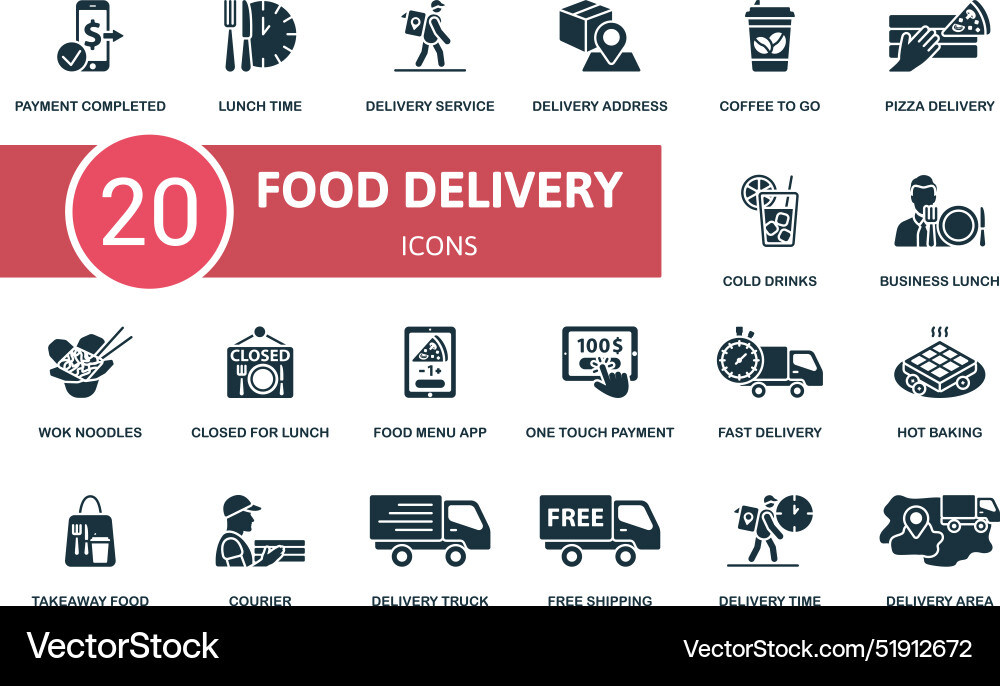 Food delivery icon set payment completed lunch Vector Image