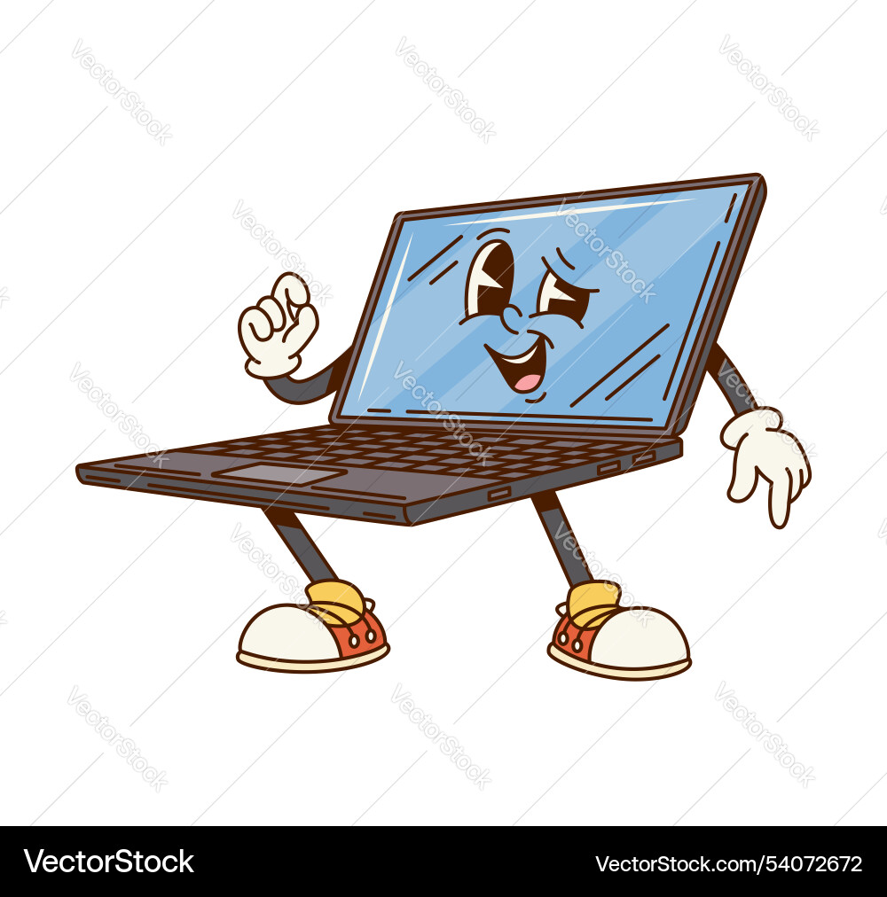 Groovy computer notebook laptop cartoon character Vector Image