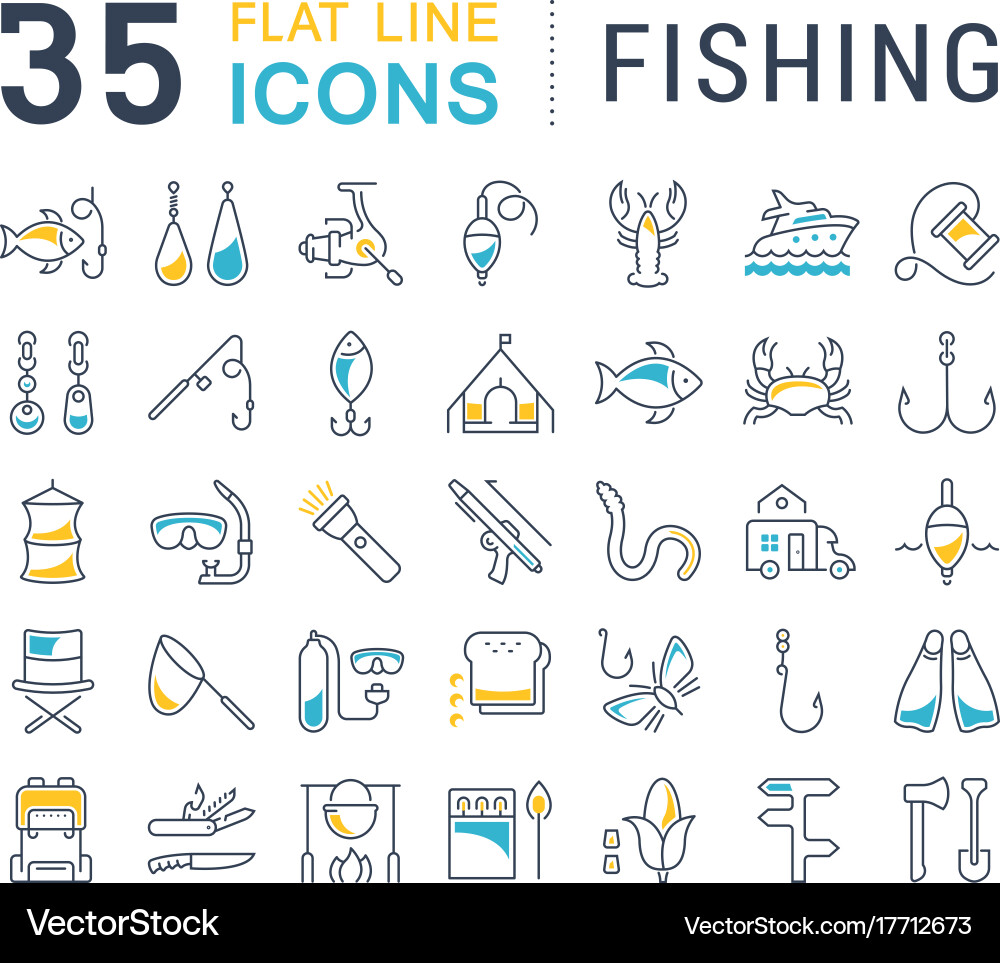 Set flat line icons fishing Royalty Free Vector Image