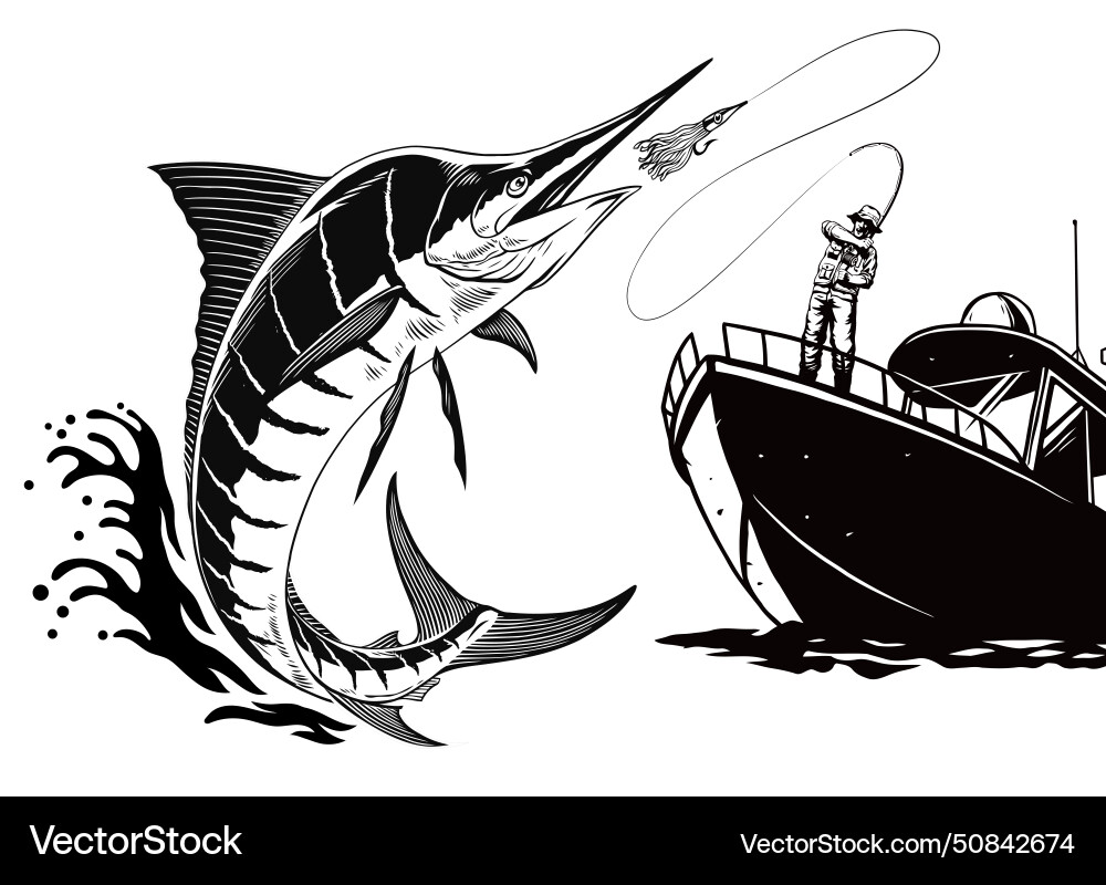 Fisherman catching marlin fish in black and white Vector Image