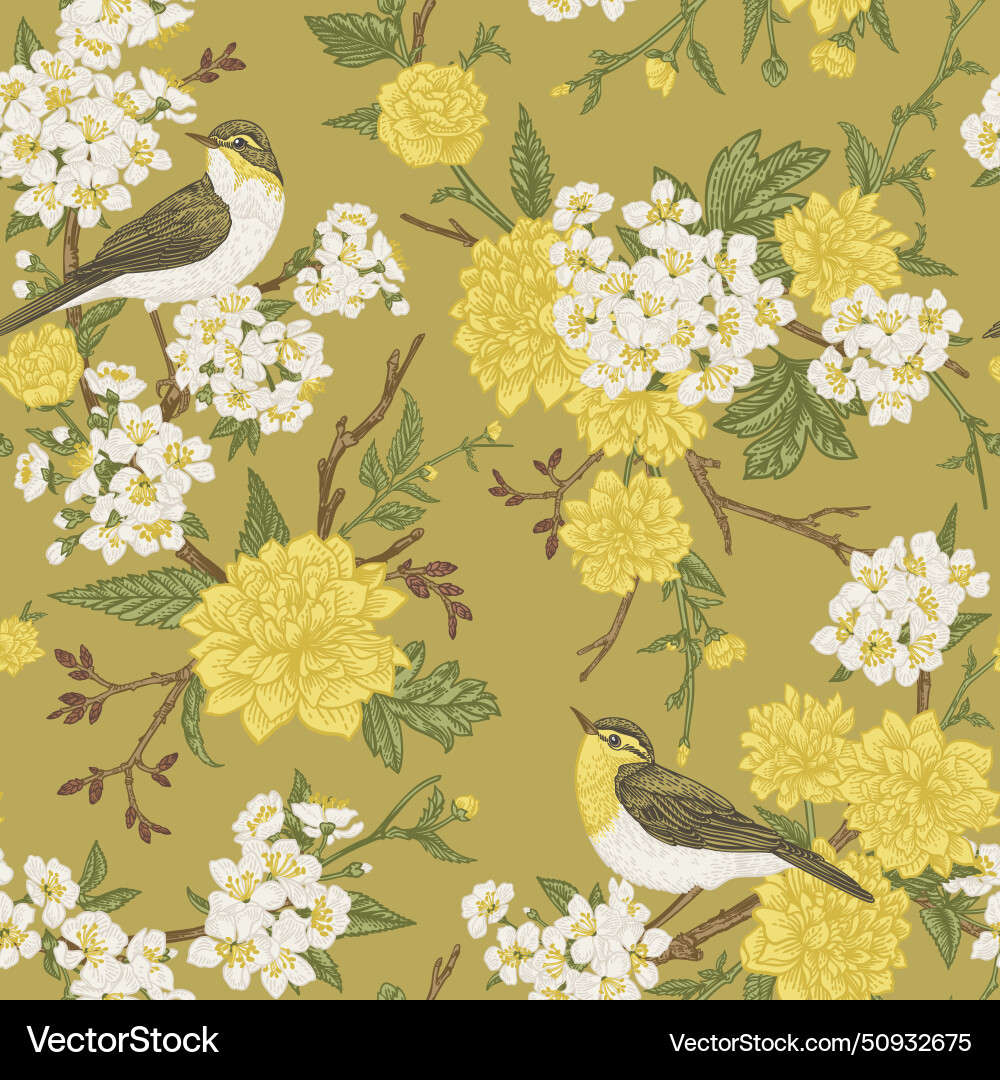 Seamless floral pattern with birds on a mustard Vector Image