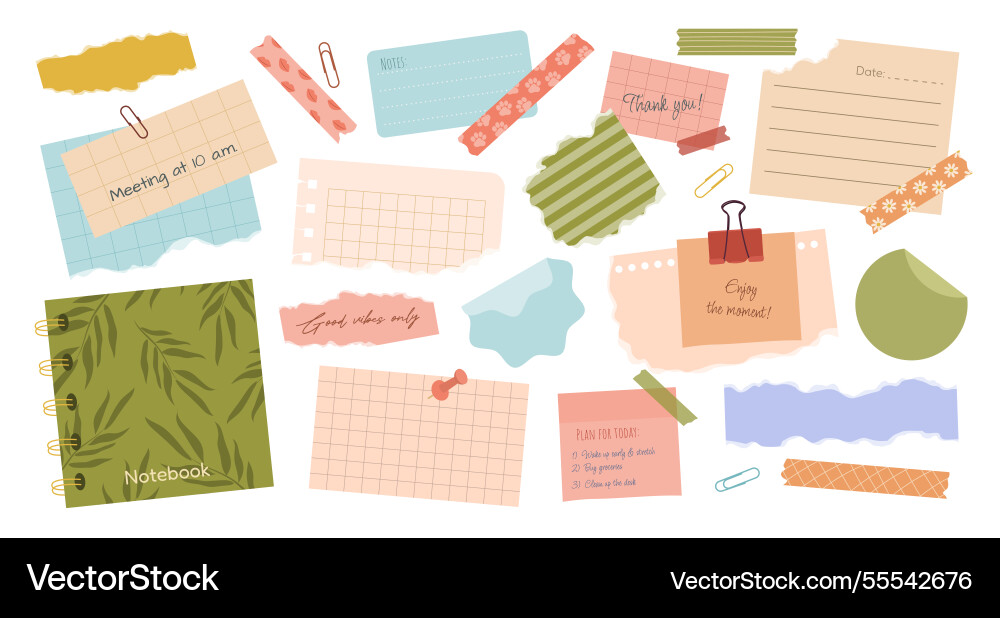 Set of various torn paper notes stickers tapes Vector Image