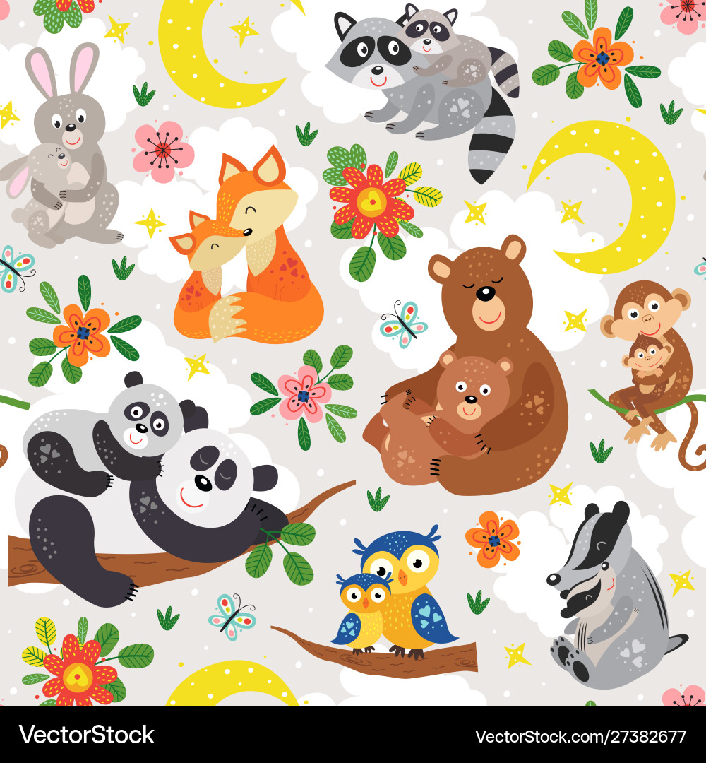 Cute Animal Seamless Pattern - Mother & Baby Vector Image