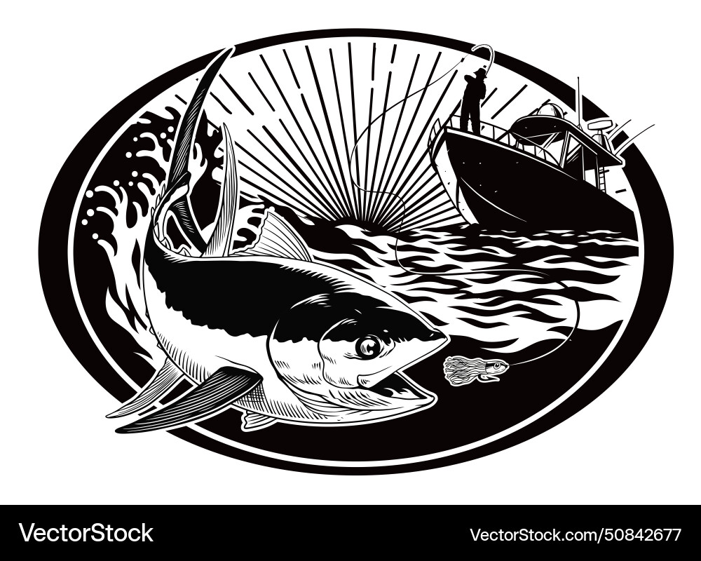 Fisherman catching tuna fish design black Vector Image