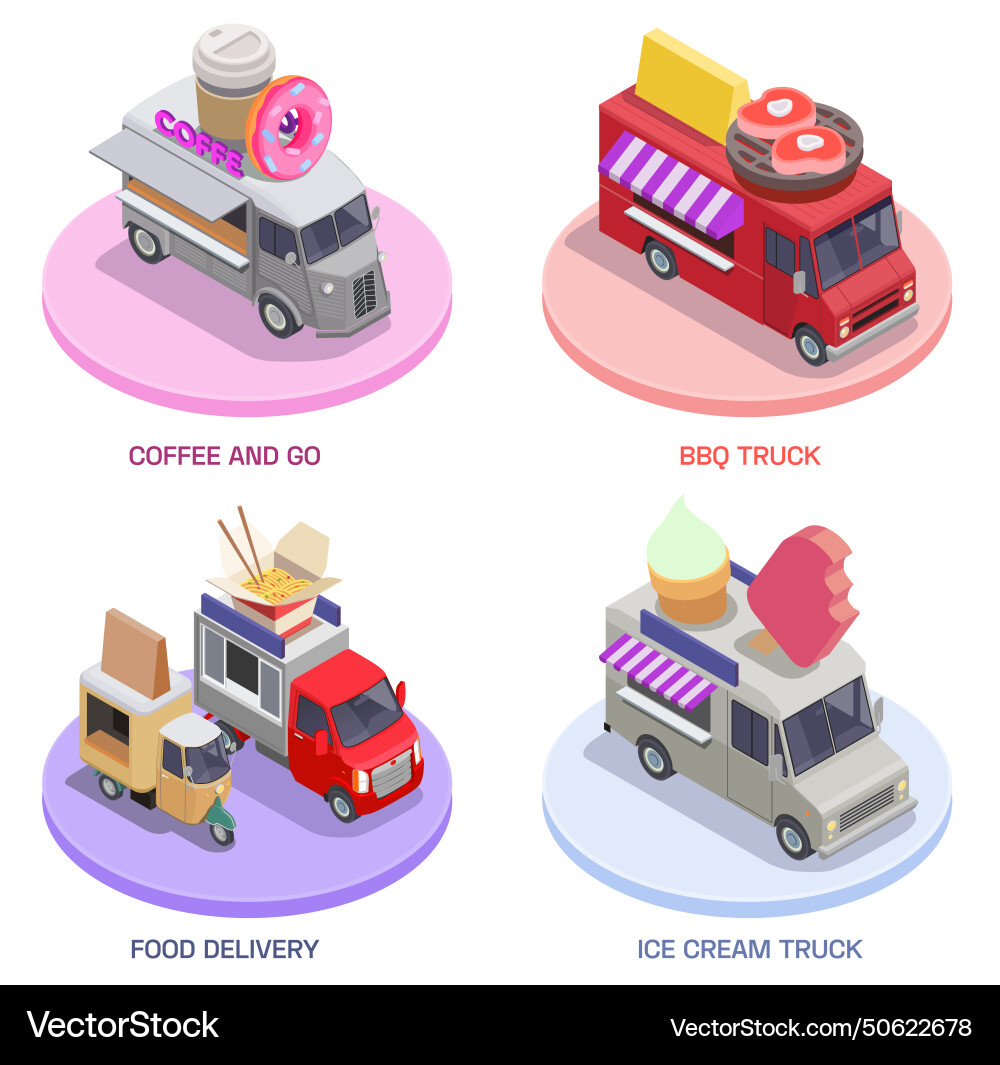 Food trucks isometric set Royalty Free Vector Image