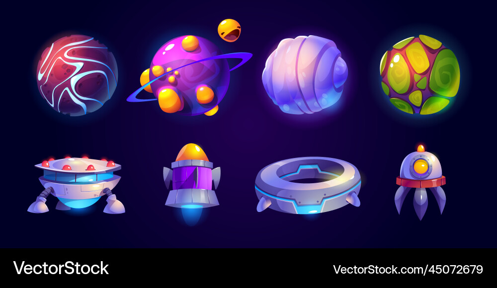 Alien space ships and planets isolated set Vector Image