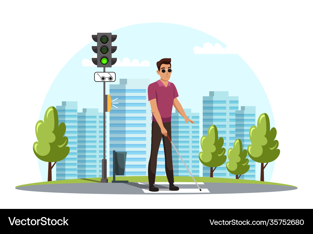 Blind pedestrian crosses crosswalk Royalty Free Vector Image