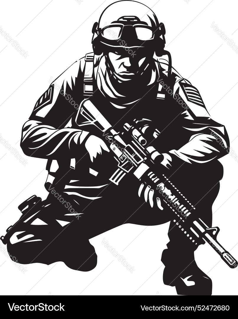 Combat precision soldier with gun black icon Vector Image