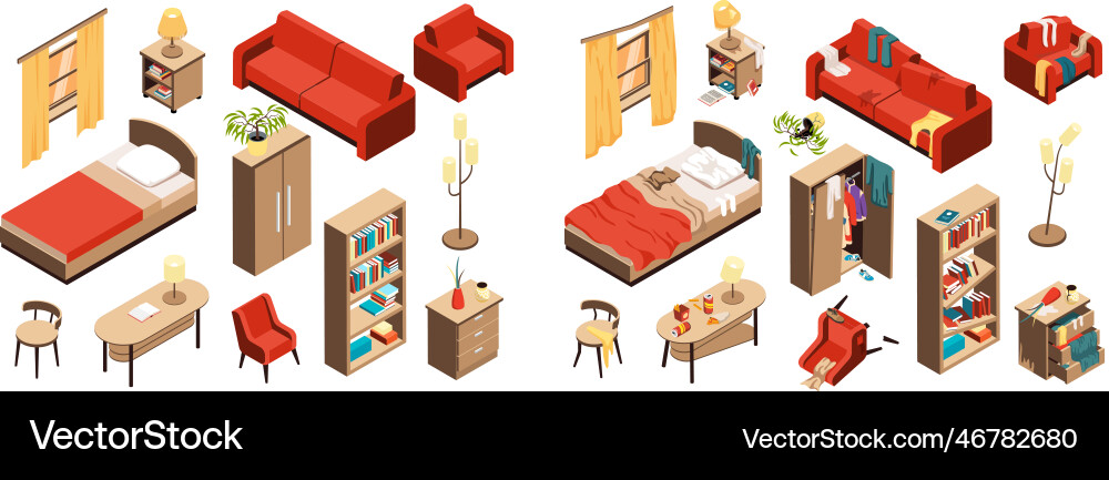 Dirty and clean room isometric set Royalty Free Vector Image