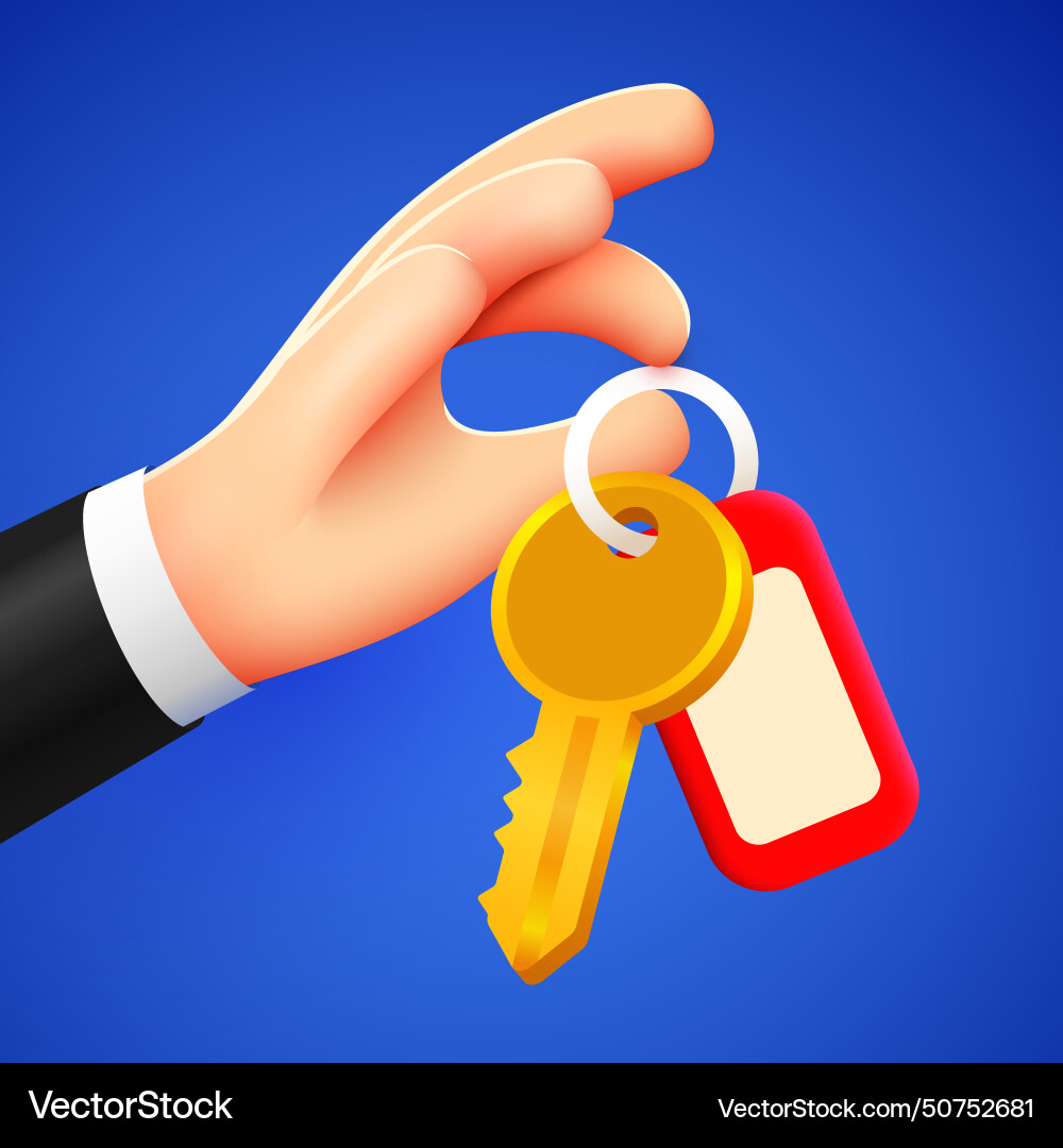 Hand holding a key 3d cartoon style Royalty Free Vector