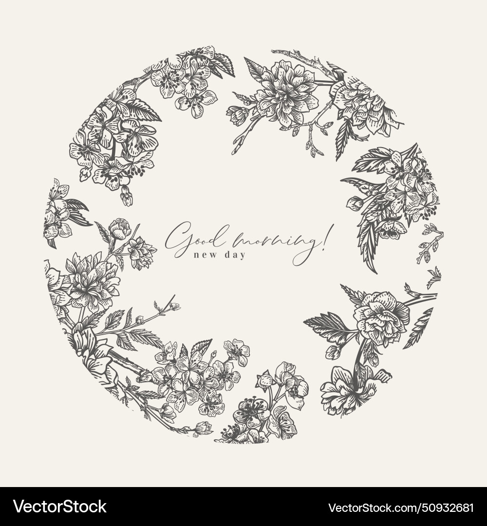 Round frame with spring flowers detailed vintage Vector Image