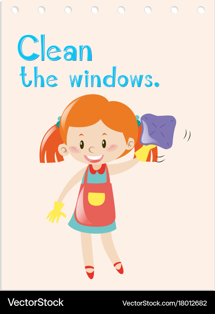 Action verb flashcard with girl cleaning windows Vector Image