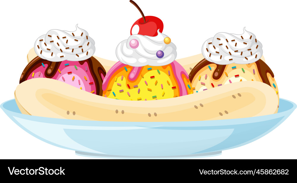 Banana split ice cream sundae on white background Vector Image