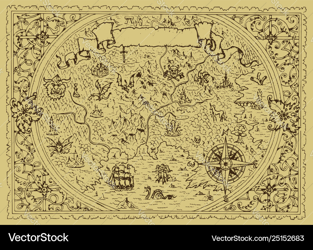 Fantasy map with baroque decorative frame Vector Image
