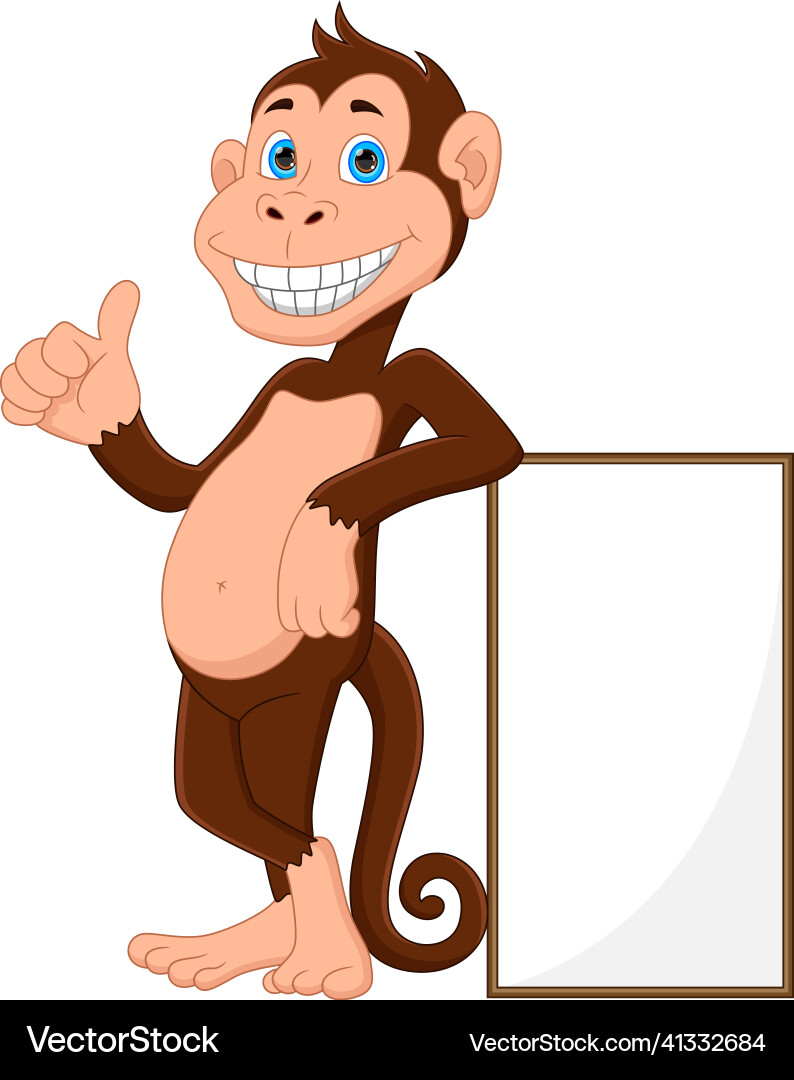 Cartoon cute monkey thumbs up with blank sign Vector Image